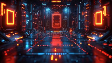 Futuristic Server Room Corridor Data Transfer Glowing Lights Stock