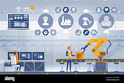 Industry 40 Smart Factory Concept Workers Robot Arms And Assembly Line Technology Vector
