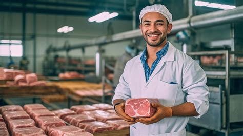 Premium Photo A Cheerful Meat Industry Worker Stands In The Facility