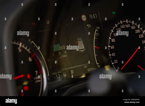 Color Detail Of An Error Message On A Car Dashboard Door Opened Alarm Warning Light Stock