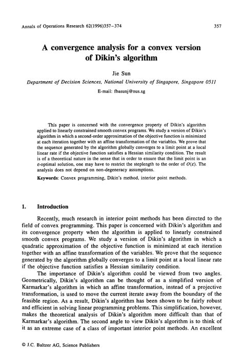 Pdf A Convergence Analysis For A Convex Version Of Dikins Algorithm