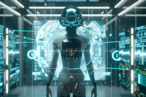 Humanoid Robot Interact Holographic Interface In High Tech Control Room Futuristic Technology