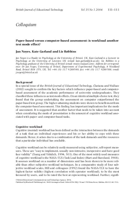 Pdf Paper Based Versus Computer Based Assessment Is Workload Another Test Mode Effect