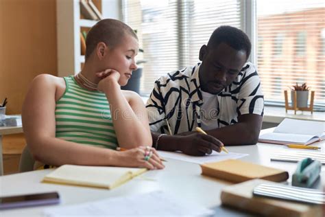 Young Woman Looking At Paper With Notes Of Her Classmate Explaining Them To Her Stock Image