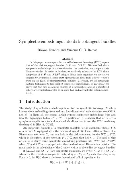 Pdf Symplectic Embeddings Into Disk Cotangent Bundles