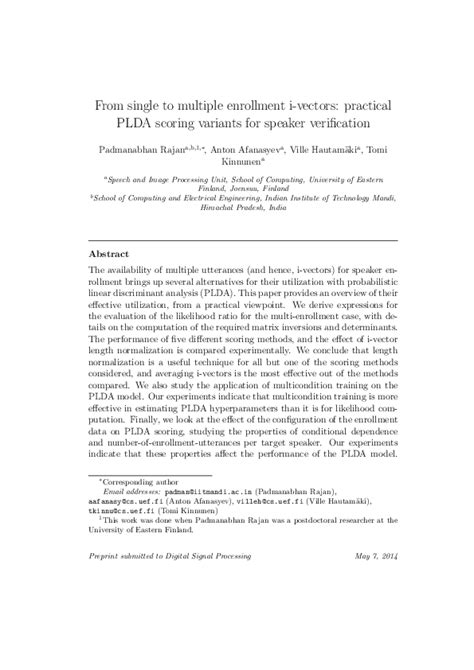 Pdf From Single To Multiple Enrollment I Vectors Practical Plda Scoring Variants For Speaker