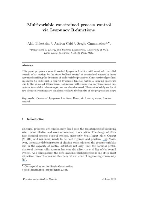 Pdf Multivariable Constrained Process Control Via Lyapunov R Functions