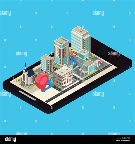 Isometric Mobile Navigation Template With Traveler Modern City Route And Pin On Blue Background
