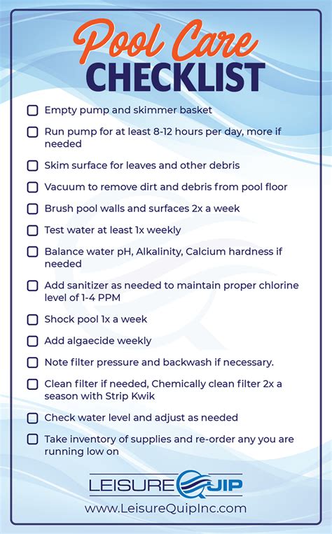 Printable Swimming Pool Maintenance Checklist Printable And Enjoyable