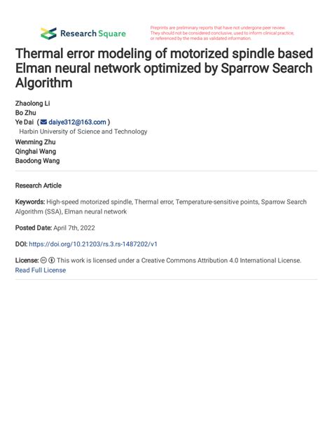 Pdf Thermal Error Modeling Of Motorized Spindle Based Elman Neural