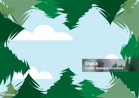 나무 꼭대기와 밝은 푸른 하늘과 큰 흰 구름이 하늘의 일러스트 레이 션 벡터 복사 공간을 볼 수 있습니다 낮은 각도에서 나무 0명에 대한 스톡 벡터 아트 및 기타 이미지