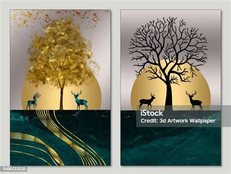 현대 미술 벽화 3d 벽지 야간 풍경 황금 검은 나무 어두운 대리석 태양과 사슴 달 하늘에 대한 스톡 사진 및 기타 이미지