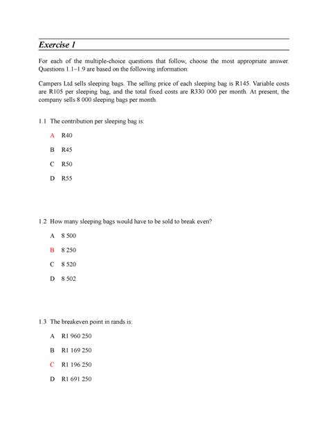 CVP Classworks Class Works Exercise For Each Of The Multiple Choice Questions That Follow