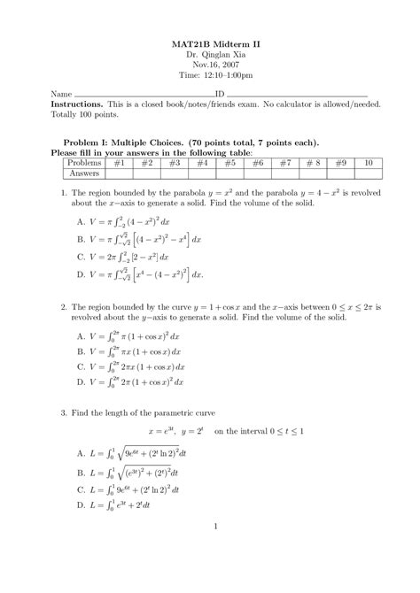 Solved Problems On Parametric Curve Midterm Exam 2 Mat 021b Docsity