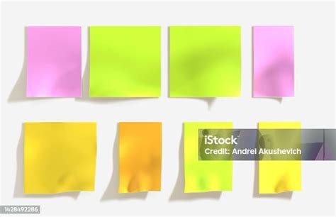 흰색 벽에 붙어있는 다양한 모양의 스티커 모형 색상 태그 메모용 스티커 메모 빈 종이 사각형 및 사각형 알림 목록 배경에 격리된 빈 사무실 공백 0명에 대한 스톡 사진 및