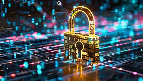 Neon Lit Padlock With Data Lines And Binary Code In Digital Space Stock Image Image Of Secure