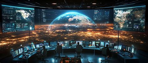Futuristic Command Center With Operators Monitoring Global Activities On Screens Premium Ai