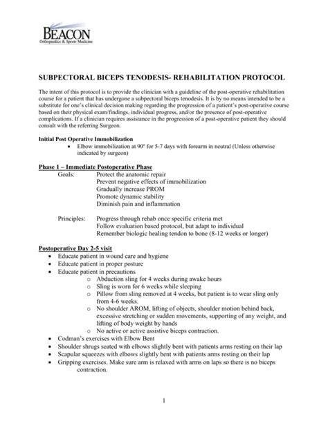 Subpectoral Biceps Tenodesis Rehabilitation Protocol
