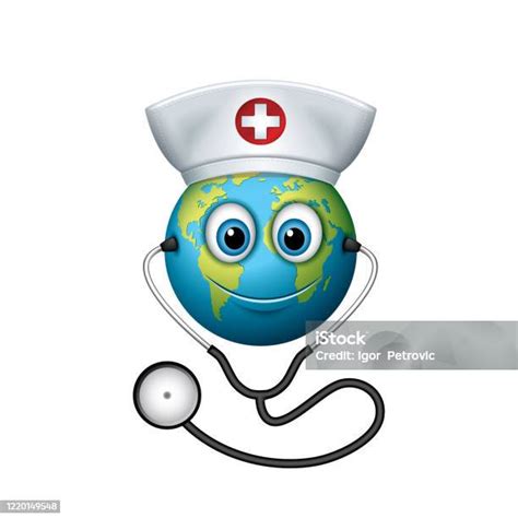 귀여운 간호사 이모티콘 착용 모자와 청진기 지구 이모티콘 고립 벡터 일러스트 간호사에 대한 스톡 벡터 아트 및 기타 이미지 간호사 개인 장식품 건강 진단 Istock
