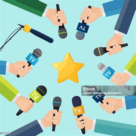 Tv 마이크와 스타와 기자의 손 속보 기자 회견 대중 매체 저널리즘 인터뷰 개념 벡터 일러스트레이션 언론 회견에 대한 스톡 벡터 아트 및 기타 이미지 Istock
