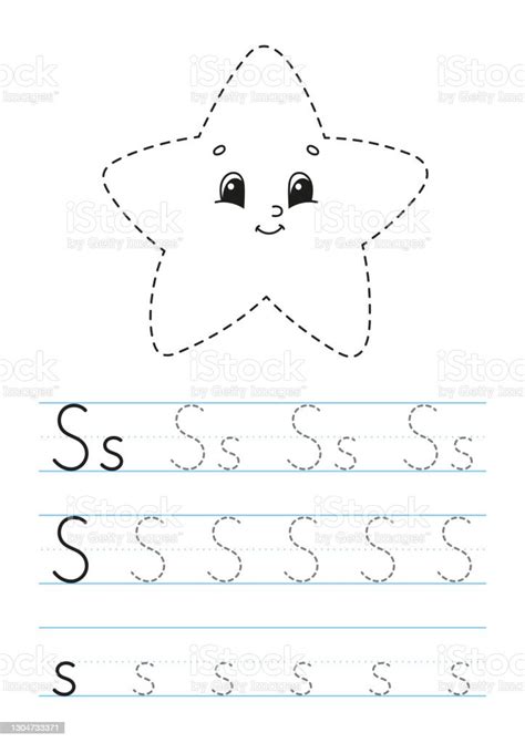 편지 쓰기 S 추적 페이지 연습 시트 아이들을위한 워크 시트 유치원 운동 알파벳을 알아봅니다 귀여운 캐릭터 벡터 그림입니다 만화 스타일 0명에 대한 스톡 벡터 아트 및 기타