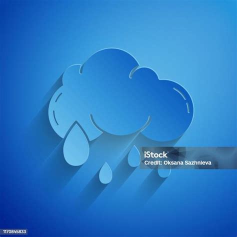 파란색 배경에 고립 된 비 아이콘으로 구름을 잘라 종이 비 방울과 비 구름 강수량 종이 아트 스타일입니다 벡터 일러스트레이션 0