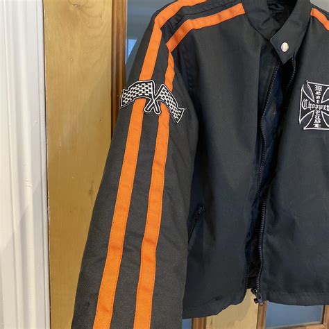 Black Racer Jacket With Orange Stripes Embroidered Depop