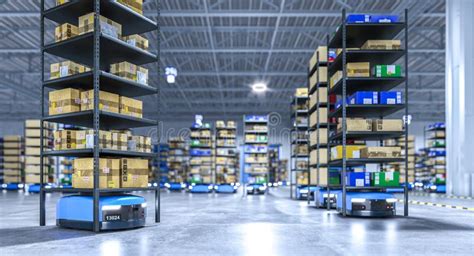 Smart Robots Carrying Shelves With Goods In Distribution Center Using Artificial Intelligence