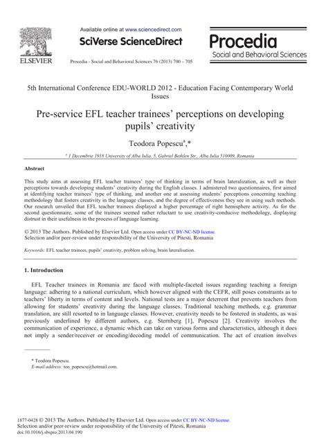 Pdf Pre Service Efl Teacher Trainees Perceptions On Developing Pupils Creativity