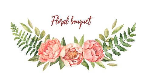 수채화 일러스트레이션입니다 녹색 잎 허브 가지와 모란 식물 꽃다발 고사리 유칼립투스 꽃 무늬 요소 결혼식 초대장 인사말 카드 블로그 포스터에 적합 0명에 대한 스톡 벡터