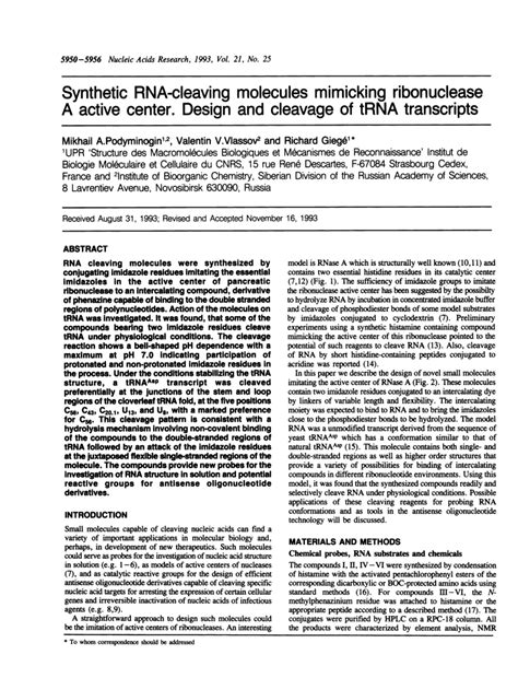 Pdf Synthetic Rna Cleaving Molecules Mimicking Ribonuclease A Active Center Design And