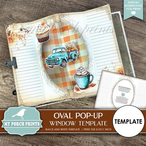Oval Pop Up Window TEMPLATE Black White Pop Up Card No Junk Journal Frame Lines My