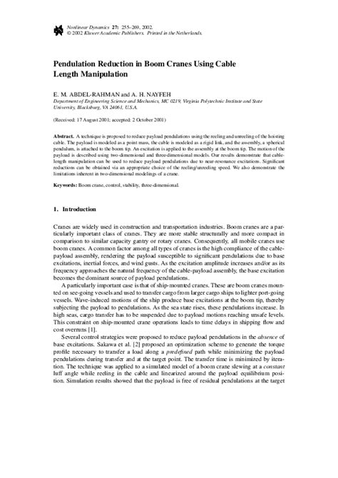Pdf Pendulation Reduction In Boom Cranes Using Cable Length Manipulation