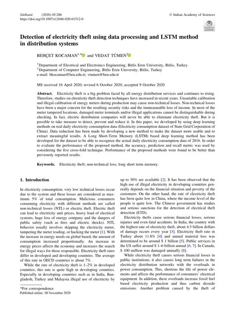 Pdf Detection Of Electricity Theft Using Data Processing And Lstm Method In Distribution Systems