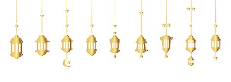 매달려 황금 색 아랍 전통 라마단 카림 랜턴 컬렉션 세트 Eid Fitr 또는 Adha Mubarak 램프 인사 초승달 와 별 금 상징 윤곽선 아이콘 벡터 일러스트 레이 션