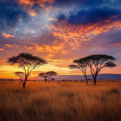 Stunning African Savanna Landscape With Acacia Trees At Sunset Under A