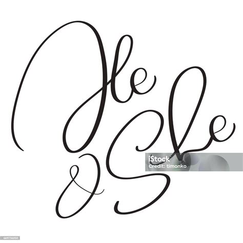 그와 그녀 텍스트 흰색 배경입니다 손으로 그린된 빈티지 서 예 문자 벡터 일러스트 레이 션 Eps10 그리기에 대한 스톡 벡터 아트 및 기타 이미지 Istock