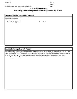Algebra Solving Exponential Logarithmic Equations Guided Notes W Key