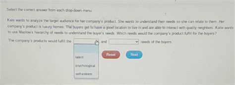 Select Correct Answer Drop Down Menu Kate Wants Analyze Target Audience Companys Product