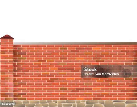 기둥과 돌 기초가있는 벽돌 울타리 수평한 이음새가 없는 디자인 흰색 배경 벡터에 격리 0명에 대한 스톡 벡터 아트 및 기타 이미지 0명 강철 게이트 Istock