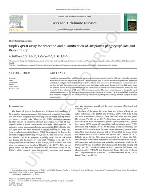 Pdf Duplex Qpcr Assay For Detection And Quantification Of Anaplasma