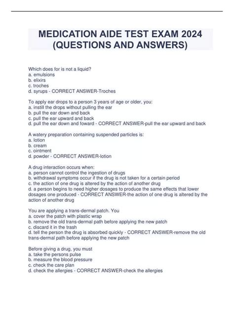 Medication Aide Test Exam 2024 Questions And Answers Medication Aide Stuvia Us