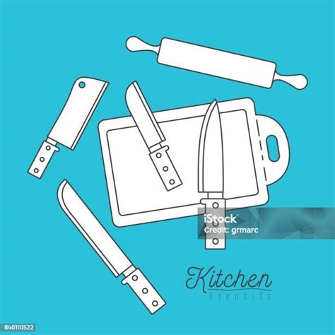 주방 용품 세트 실루엣 그룹과 컬러 배경을 나이프 및 롤과 함께 보드 절단 강철에 대한 스톡 벡터 아트 및 기타 이미지 강철