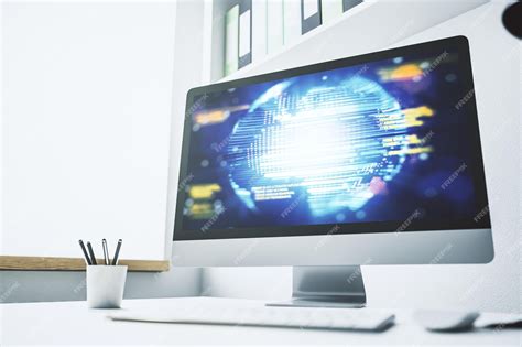 Premium Photo Modern Computer Monitor With Abstract Programming Language With World Map