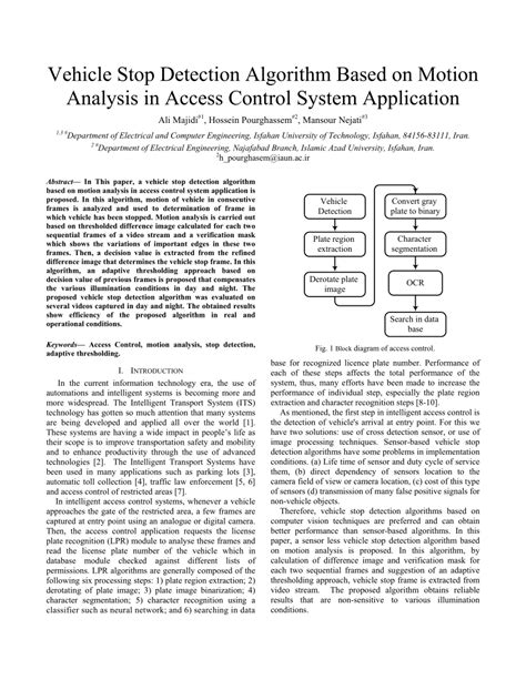 Pdf Vehicle Stop Detection Algorithm Based On Motion Analysis In