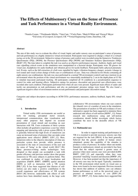 Pdf The Effects Of Multisensory Cues On The Sense Of Presence And Task Performance In A