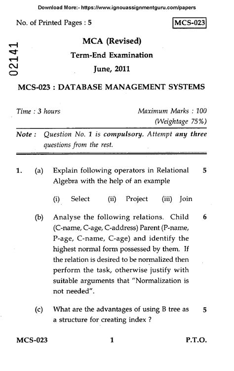 dbms mcs 023 previous year question papers by ignouassignmentguru no