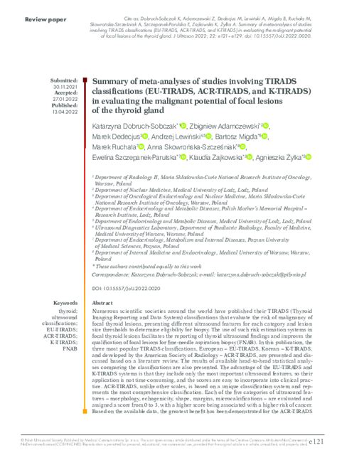 Pdf Summary Of Meta Analyses Of Studies Involving Tirads