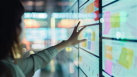 A Person Interacts With A Vibrant Large Digital Touchscreen Displaying Colorful Data And Charts