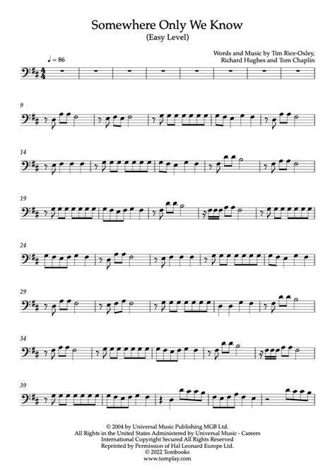 Somewhere Only We Know Easy Level Keane Cello Sheet Music